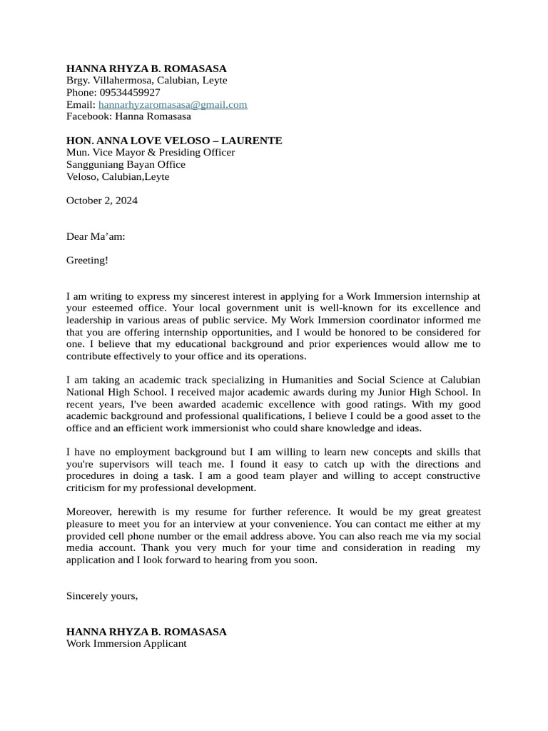 Work Immersion Application Letter | PDF