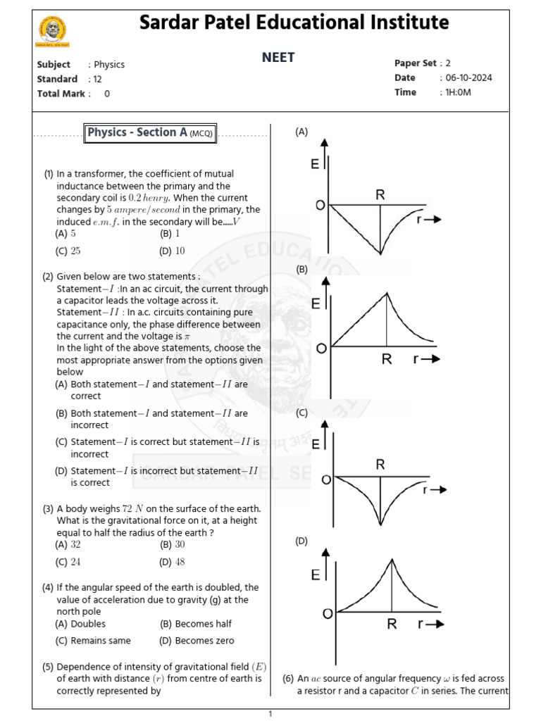 12th - PHY - NEET - ( - 05102024) SET-2 ENG | PDF | Inductance | Inductor