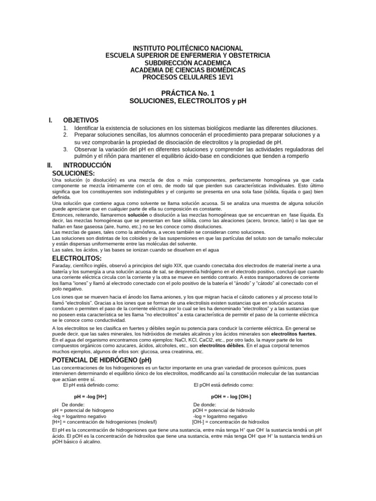 PRÁCTICA No 1 Soluciones, Electrolitos y PH | PDF