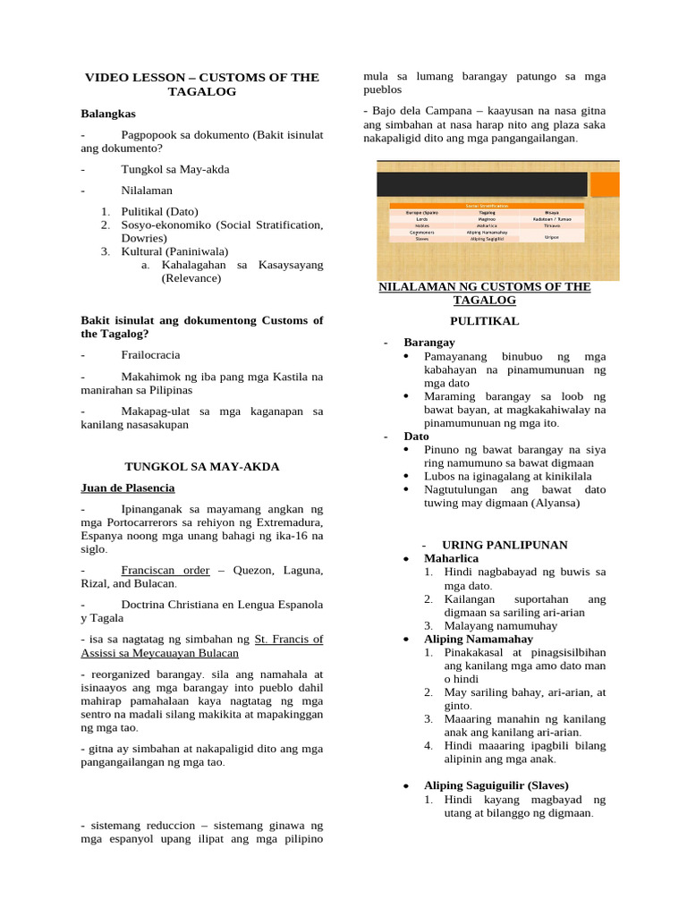 CUSTOMS OF THE TAGALOG VID LESSON (1) | PDF