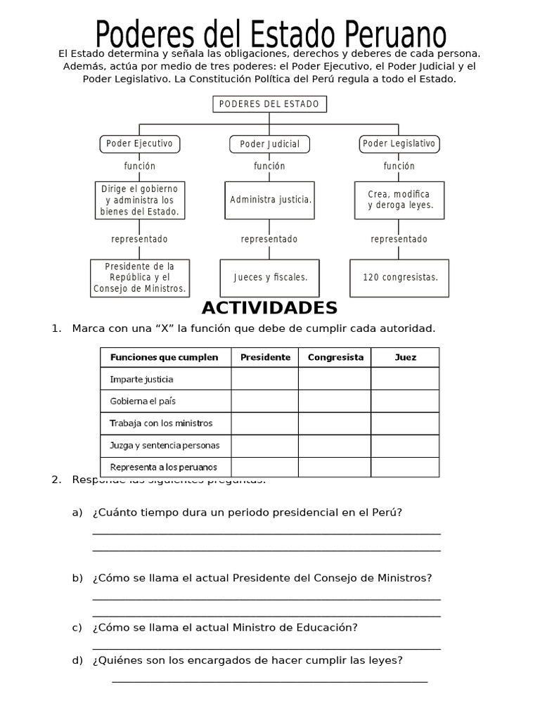 Ficha Poderes Del Estado Peruano para Cuarto de Primaria | PDF