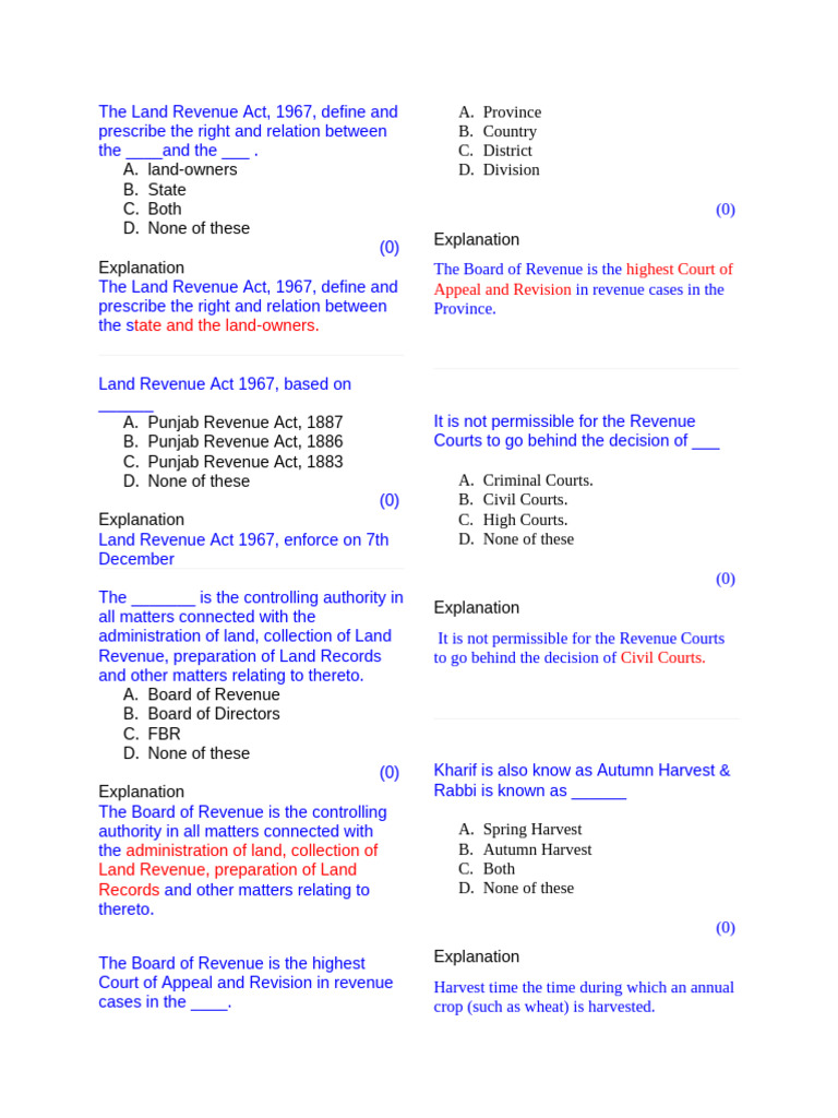 THE PUNJAB LAND REVENUE ACT 1967 - MCQs 2 | PDF