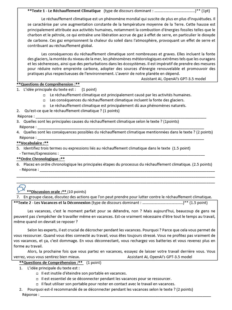 Evaluation Du Profil D'entrée 1AS - 2AS | PDF