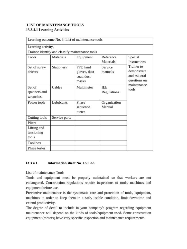 Eebm Chapter 3 List of Maintenance Tools | PDF