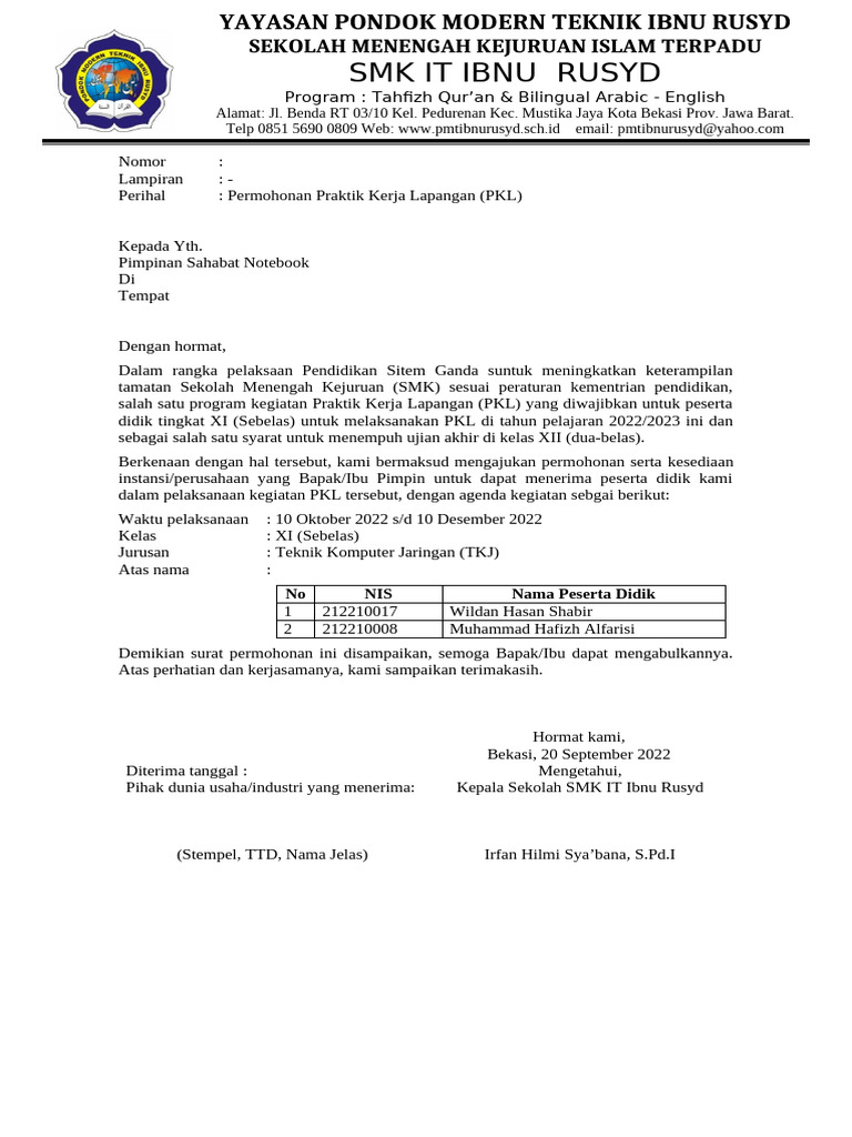 Surat Permohonan PKL | PDF | Bisnis
