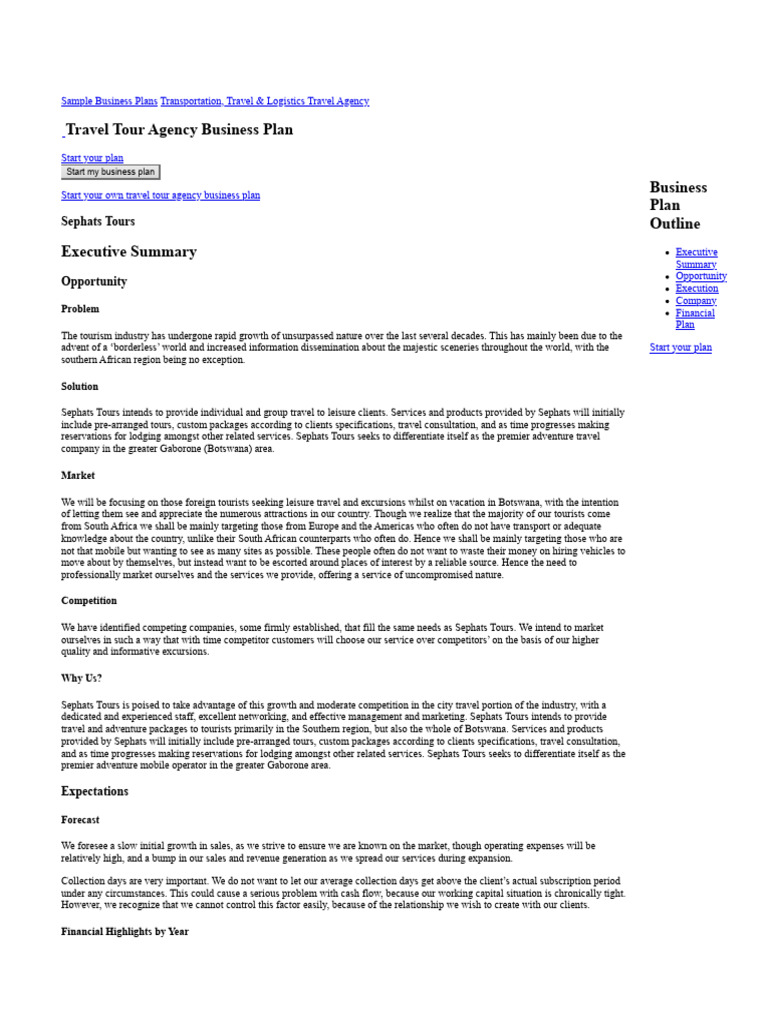 Travel Tour Agency Business Plan Example _ Bplans | PDF