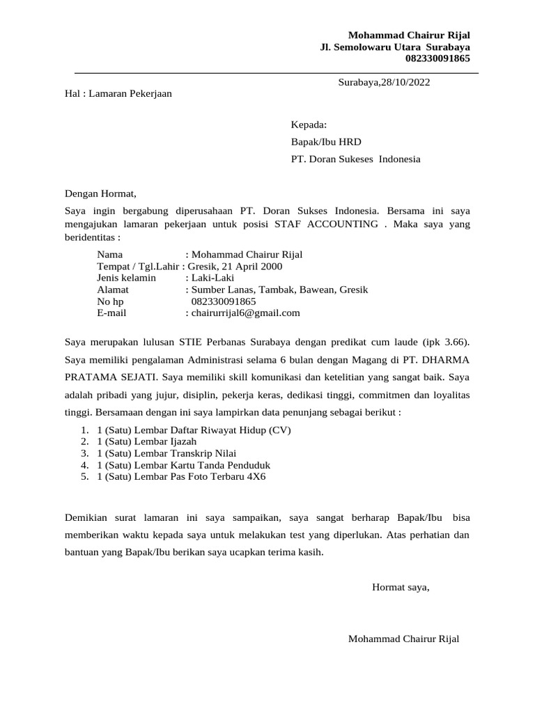 Surat Lamaran Chairur Rijal - PT. Doran Sukses Indonesi | PDF