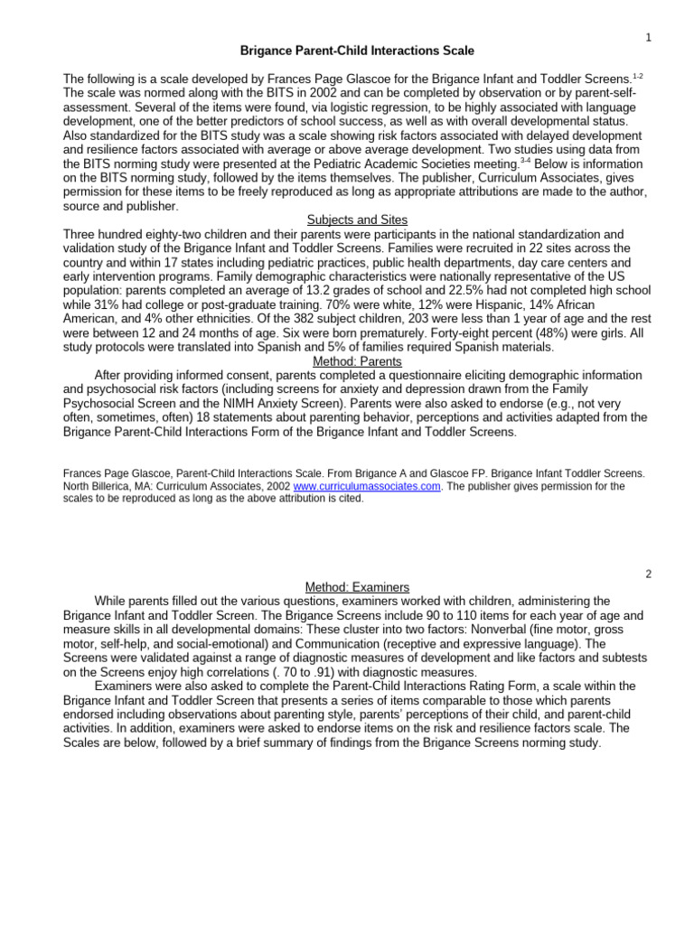 Brigance Parent-Child Interactions Scale | PDF