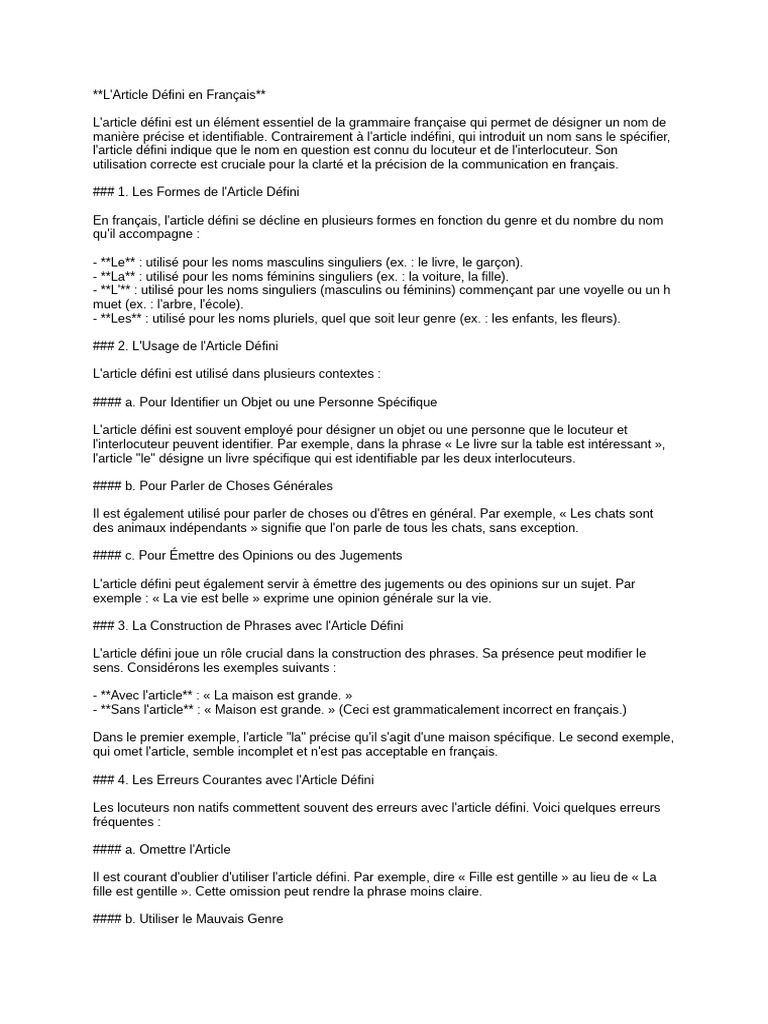 L'Article Défini en Français | PDF