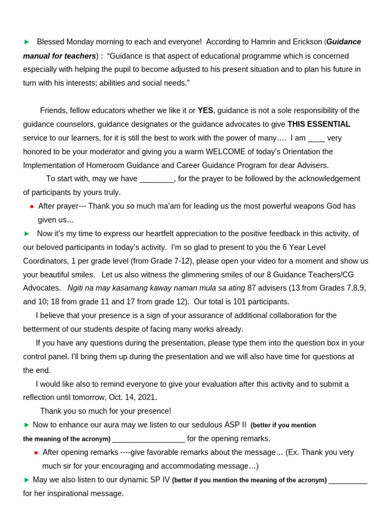 Script for Orientation | PDF