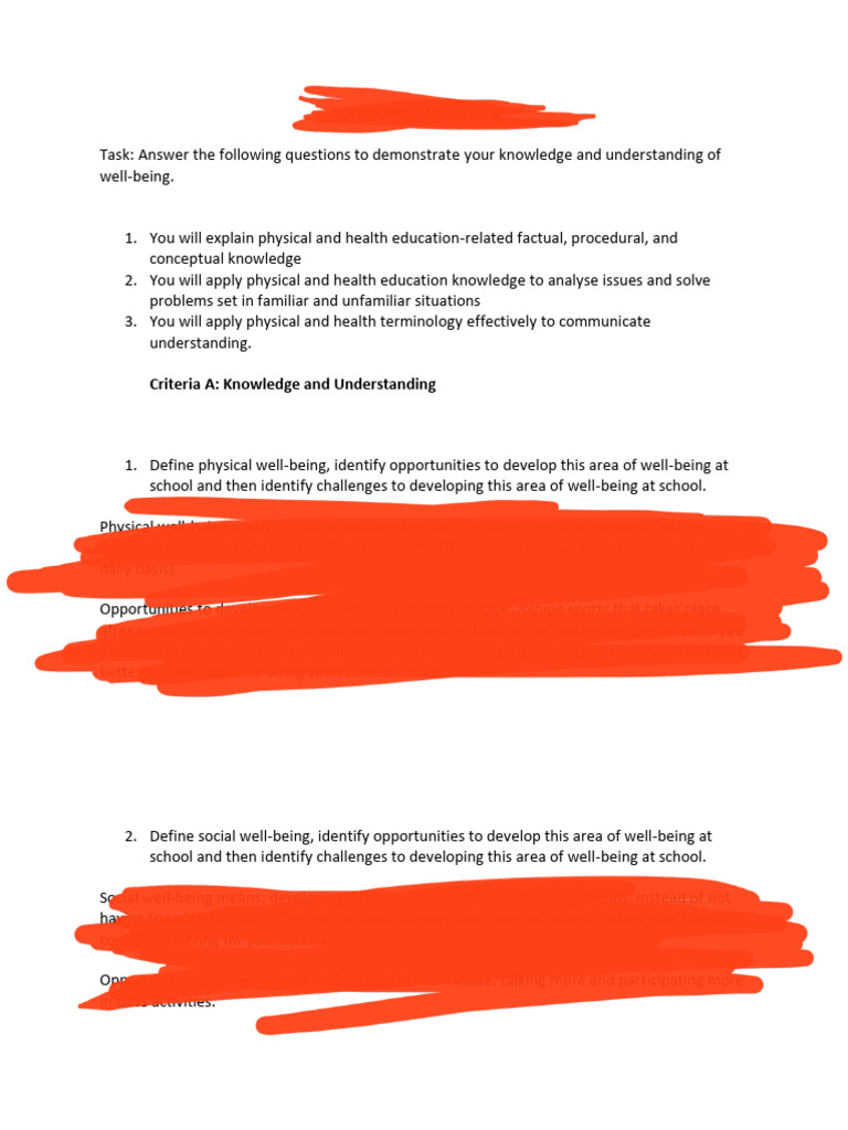 MYP PHE 5 Well-Being Criteria A Formative | PDF