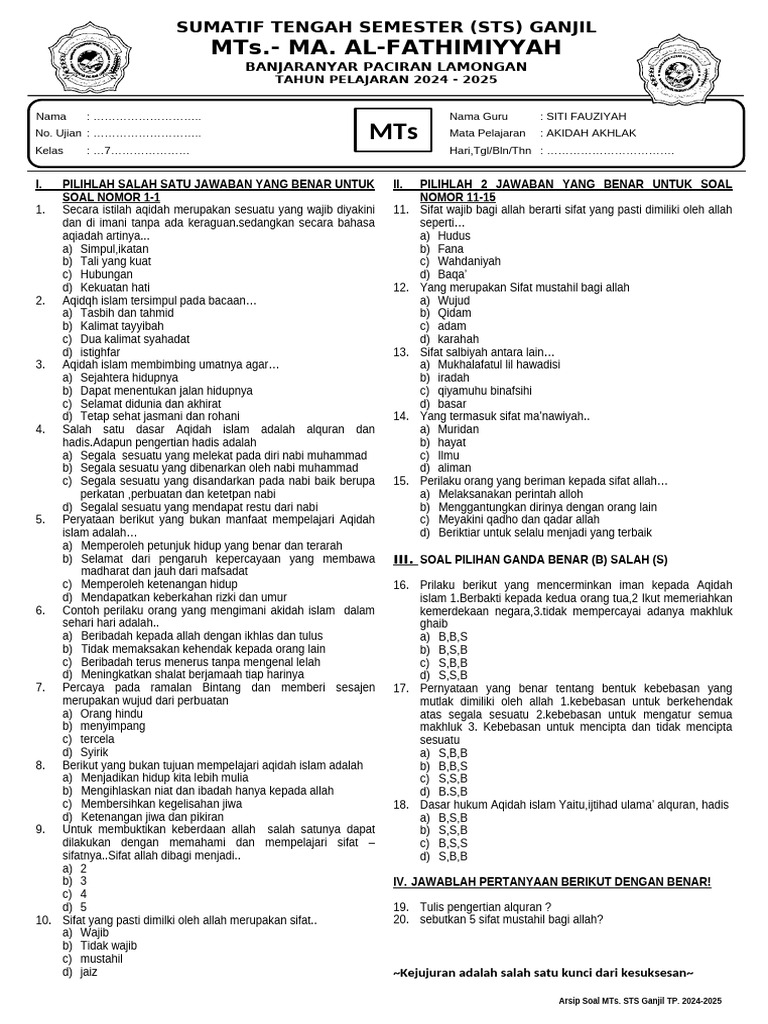 Format STS Ganjil AKIDAH 7 2024 | PDF