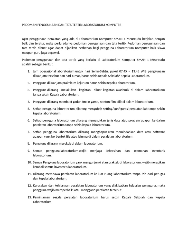 PEDOMAN PENGGUNAAN DAN TATA TERTIB LABORATORIUM KOMPUTER | PDF