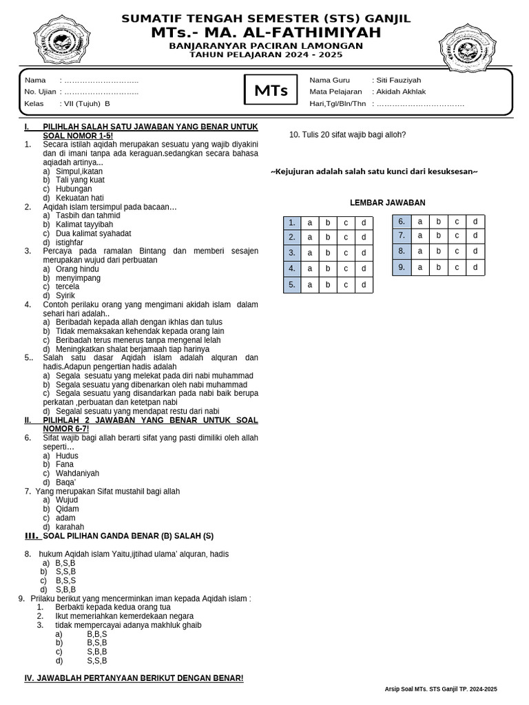 Soal STS Ganjil Akidah Kelas 7B MTs 24-25 | PDF