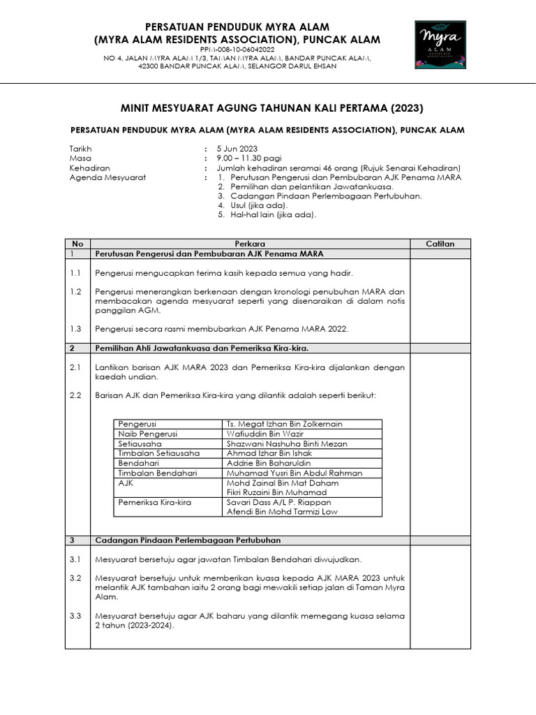 Minit Mesyuarat Agung Tahunan Kali Pertama | PDF