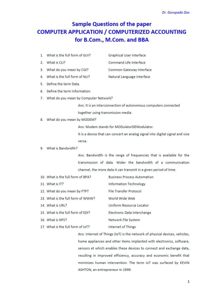 # Sample Questions of Computer Applications - All For BCom, MCom, BBA ...