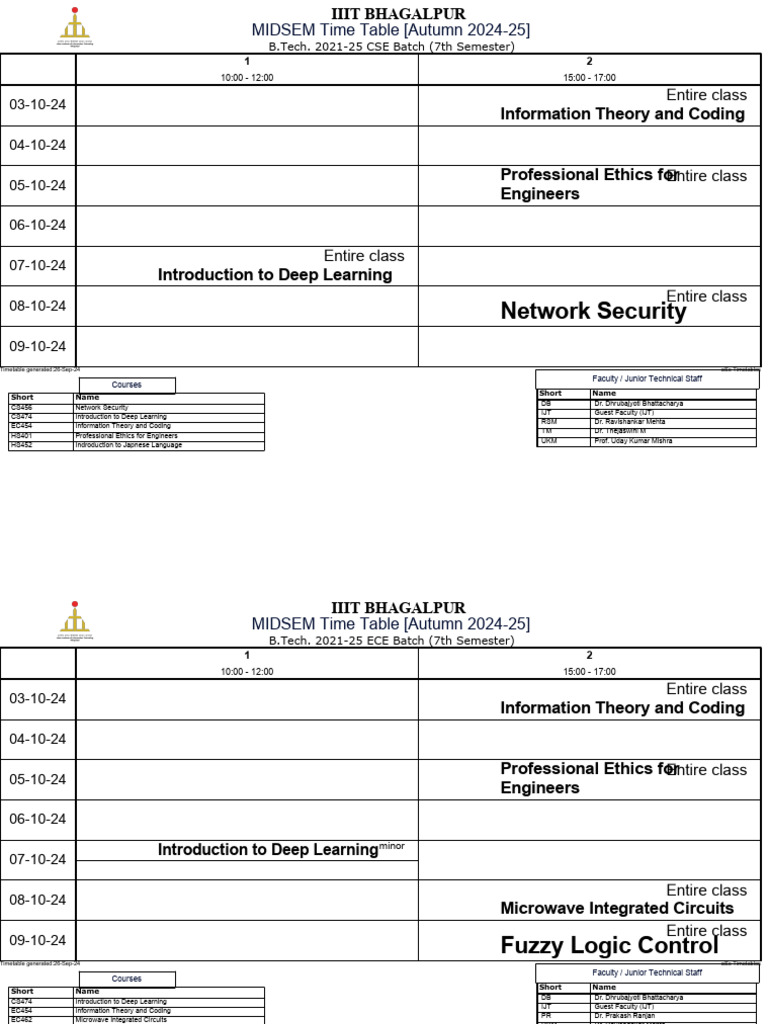 Midsem Timetable 2024-25 (Updated) | PDF