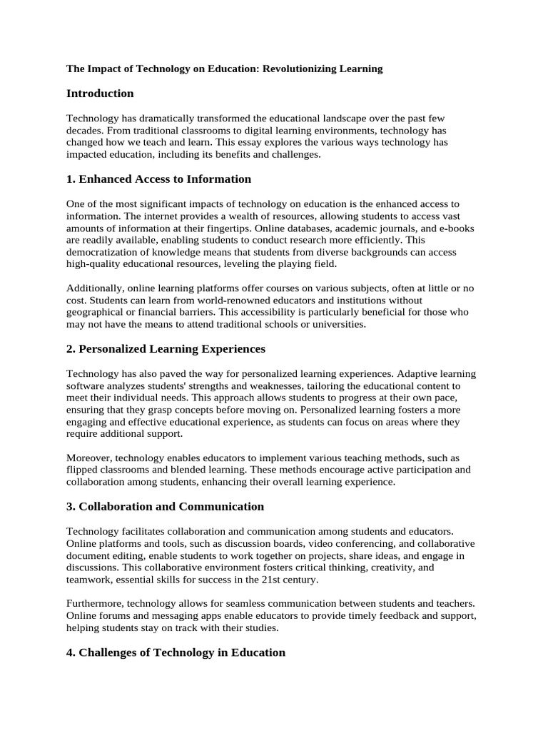The Impact of Technology On Education - Revolutionizing Learning | PDF