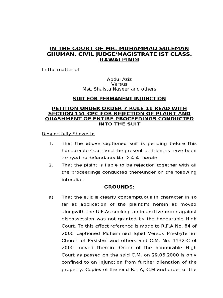 (Suit For Permanent Injunction) Abdul Aziz Vs Shaista Nazir | PDF