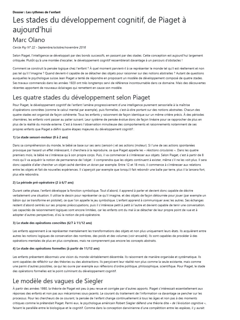 Les Stades Du Developpement Cognitif de Piaget A Aujourdhui | PDF