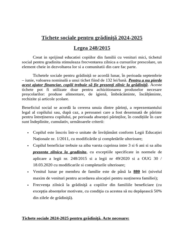 Tichete - Sociale - Pentru - Grădiniță - 2024-2025 ,. | PDF
