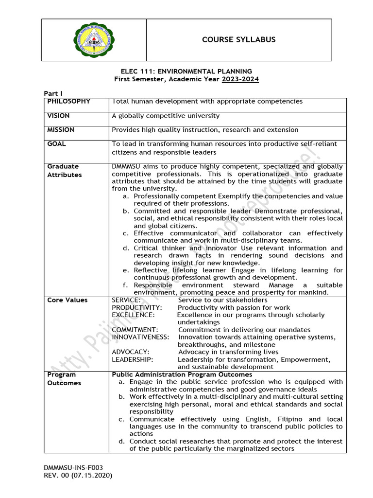 2023-Syllabus-Environmental-Planning | PDF