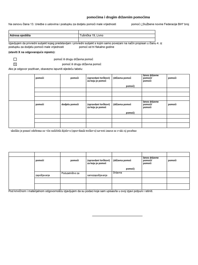 Izjava o Primljenim de Minimis Pomocima I Drugim Drzavnim Pomocima I 4 7 | PDF
