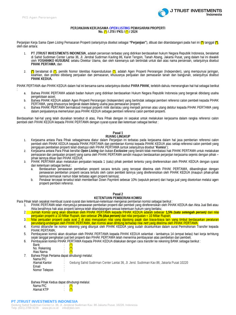 【Independen】 JTII Template PKS Agen Properti Tahun 2024 | PDF