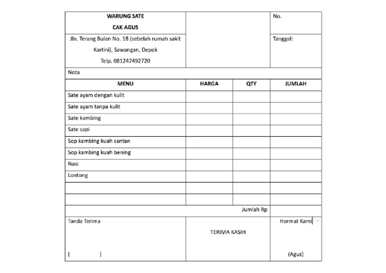 Contoh Nota Penjualan Warung Sate | PDF