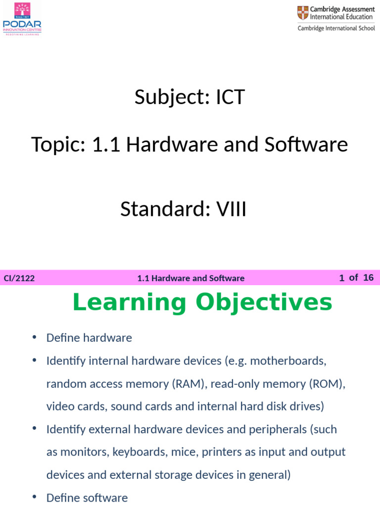 CAIE VIII ICT Ch1 Unit 1.1 Hardware and Software | PDF
