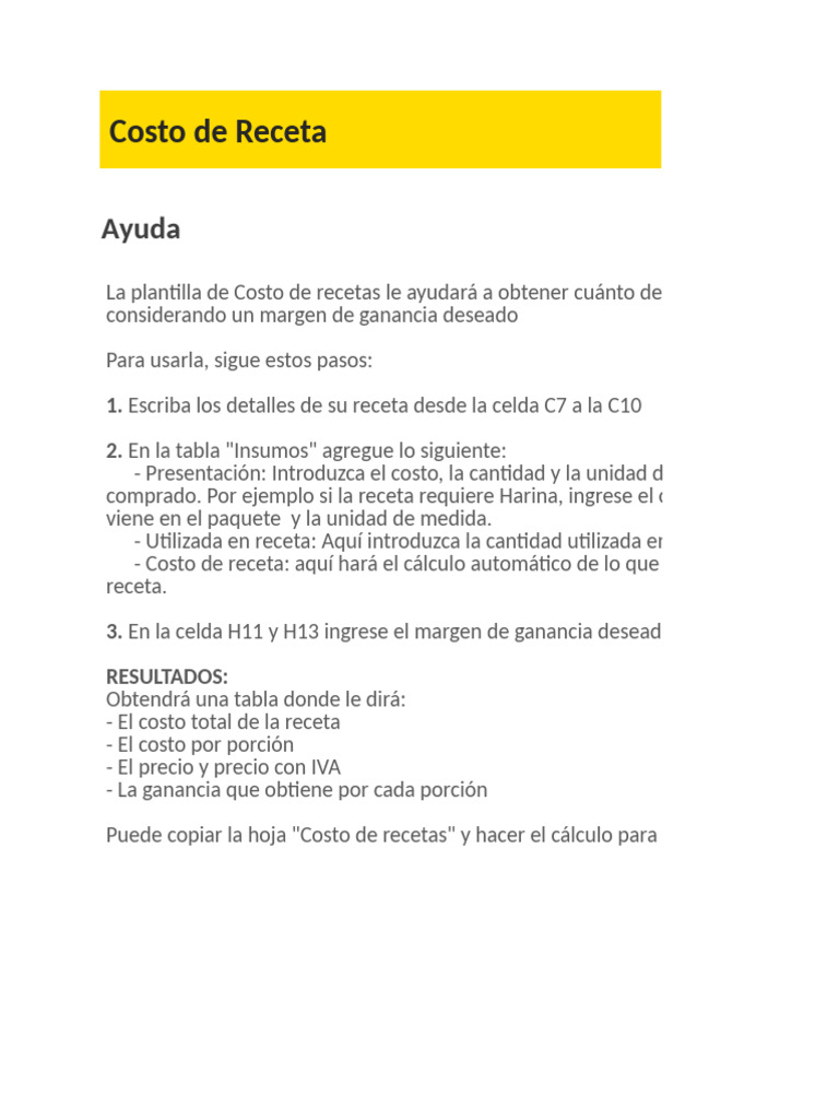 planilla-de-excel-calculadora-de-costo-de-recetas | PDF