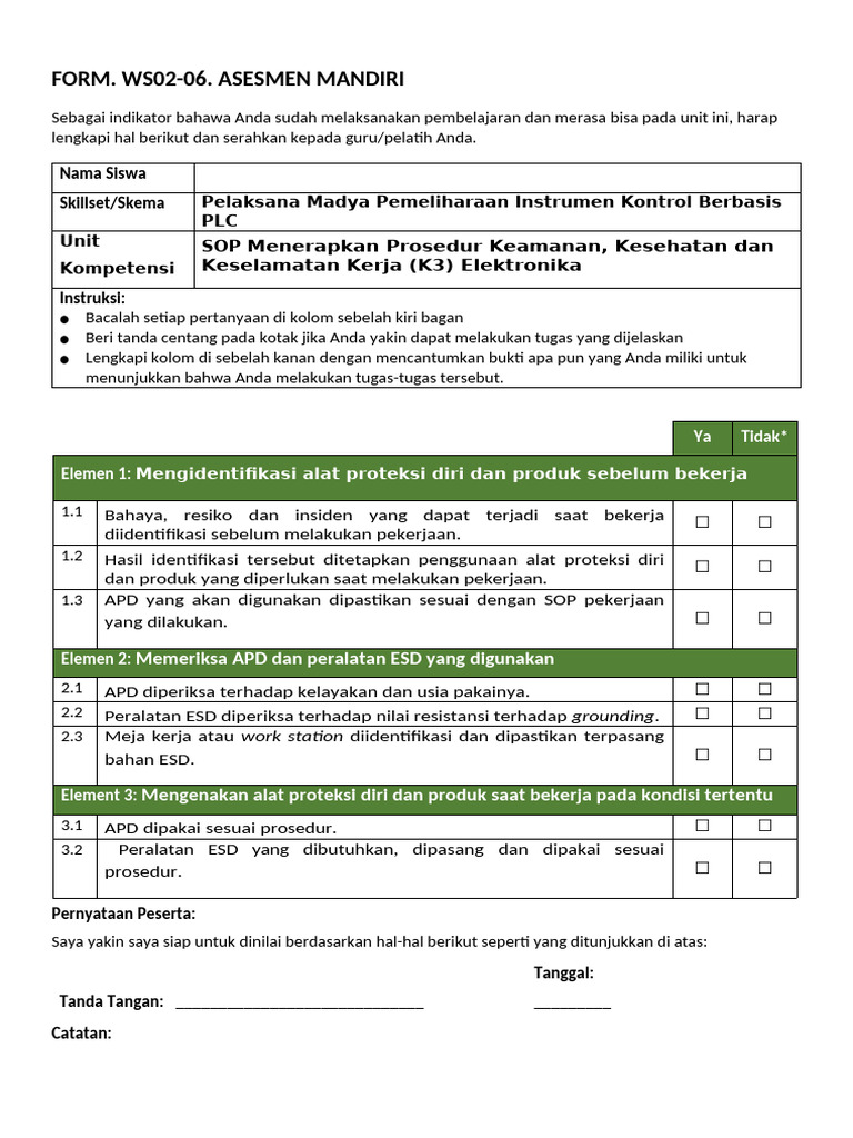 Form. WS02-06. Asesmen Mandiri | PDF