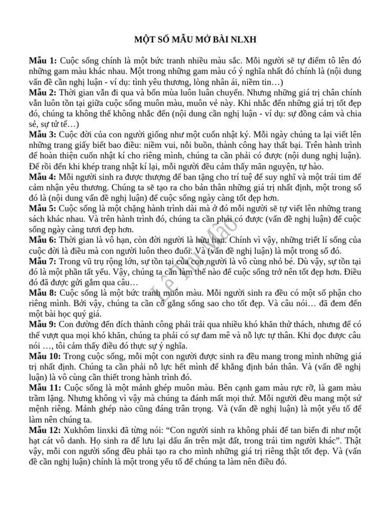 MỘT SỐ MẪU MỞ BÀI NLXH | PDF