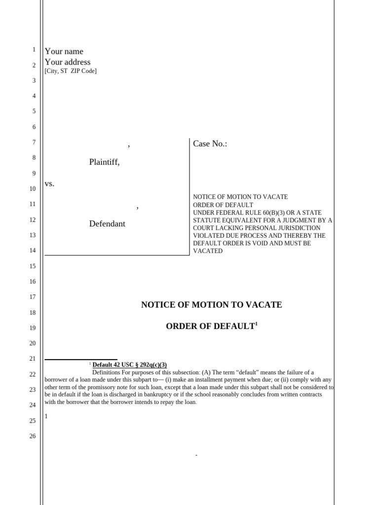 Notice To Vacate Order of Default | PDF | Default Judgment | Standing (Law)