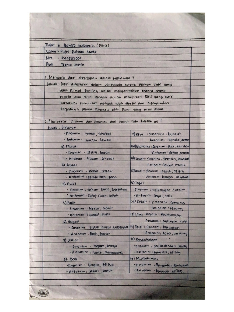 Putri Rahma Amda - 240502002 - Tugas 3 Bahasa Indonesia (DIKSI) | PDF