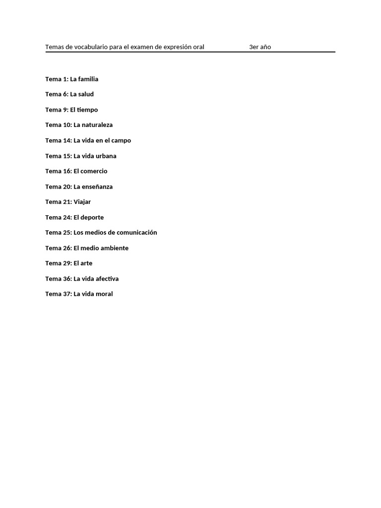 Temas de Vocabulario para El Examen de Expresiã N Oral 3er Aã o | PDF