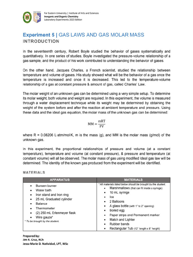 Experiment 5 Gas Laws and Gas Molar Mass - 1600 - PDF - Gdrive.vip | PDF