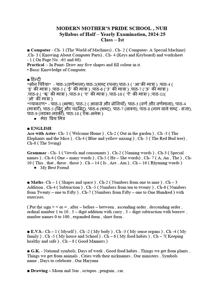 Class - 1st, Half-Yearly Exams Syllabus & Date - Sheet - 1 | PDF Class - 1st, Half-Yearly Exams Syllabus & Date - Sheet - 1 | PDF