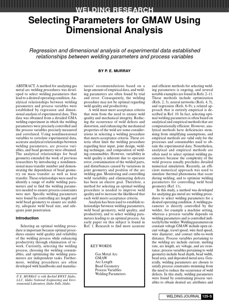 Selecting Parameters For GMAW Using Dimensional Analysis: Welding ...