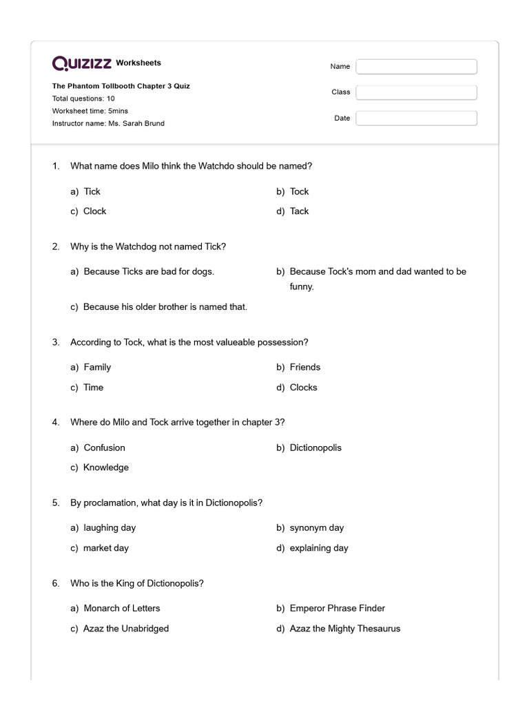 The Phantom Tollbooth Chapter 3 Quiz - Quizizz | PDF