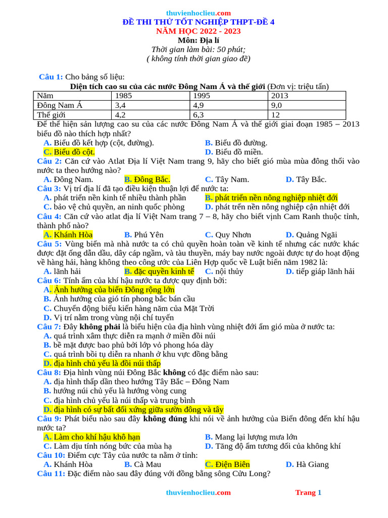 De4 Thi Thu TN THPT Dia Li 2023 | PDF