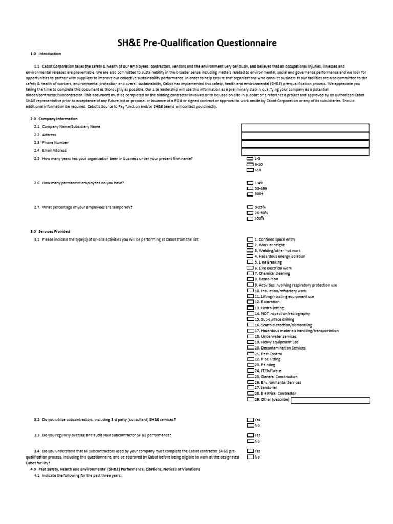 SHE Prequalification Form For Subcontractor | PDF | Employment