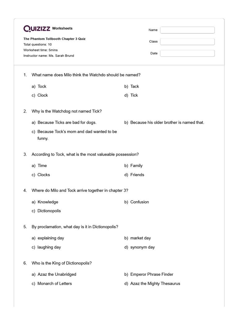The Phantom Tollbooth Chapter 3 Quiz - Quizizz | PDF