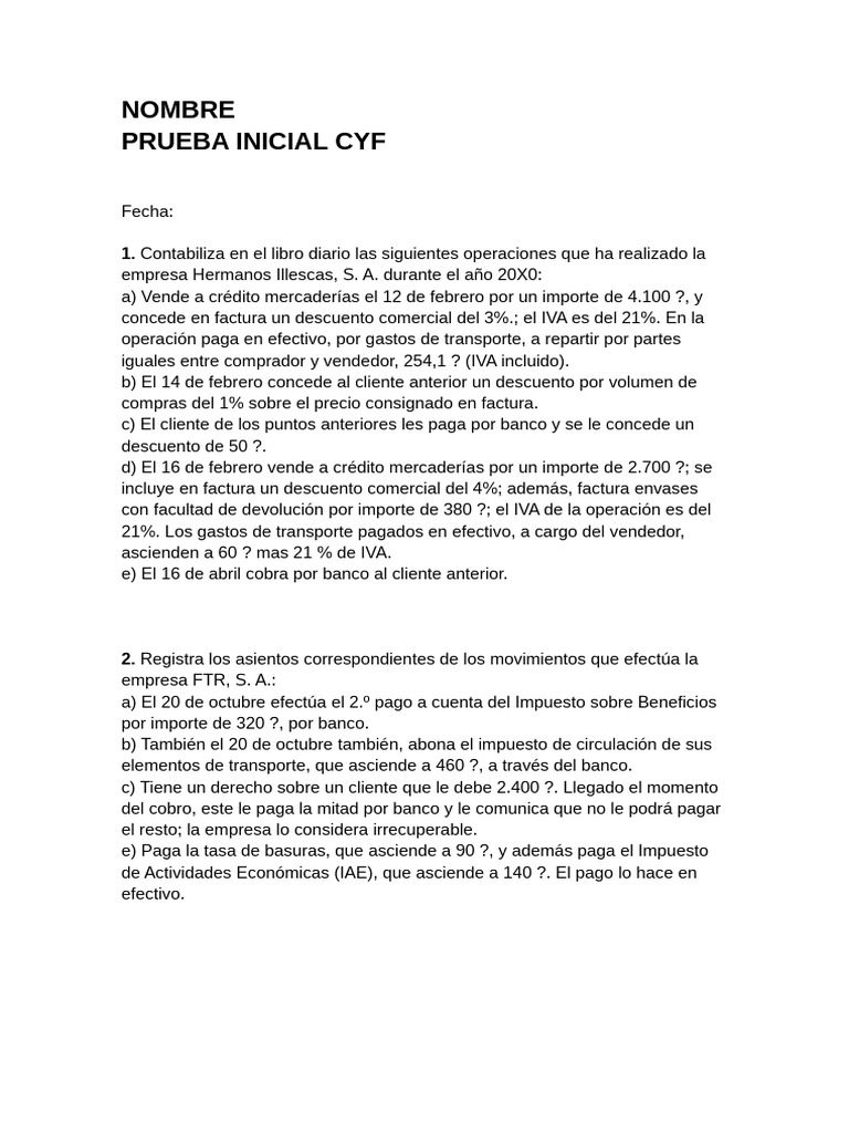 Prueba Inicial Cyf | PDF