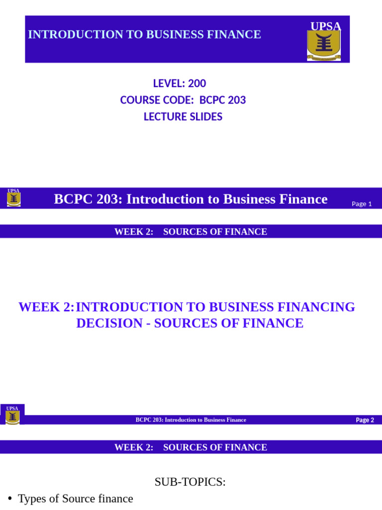 Week 3 - Sources of Finance | PDF