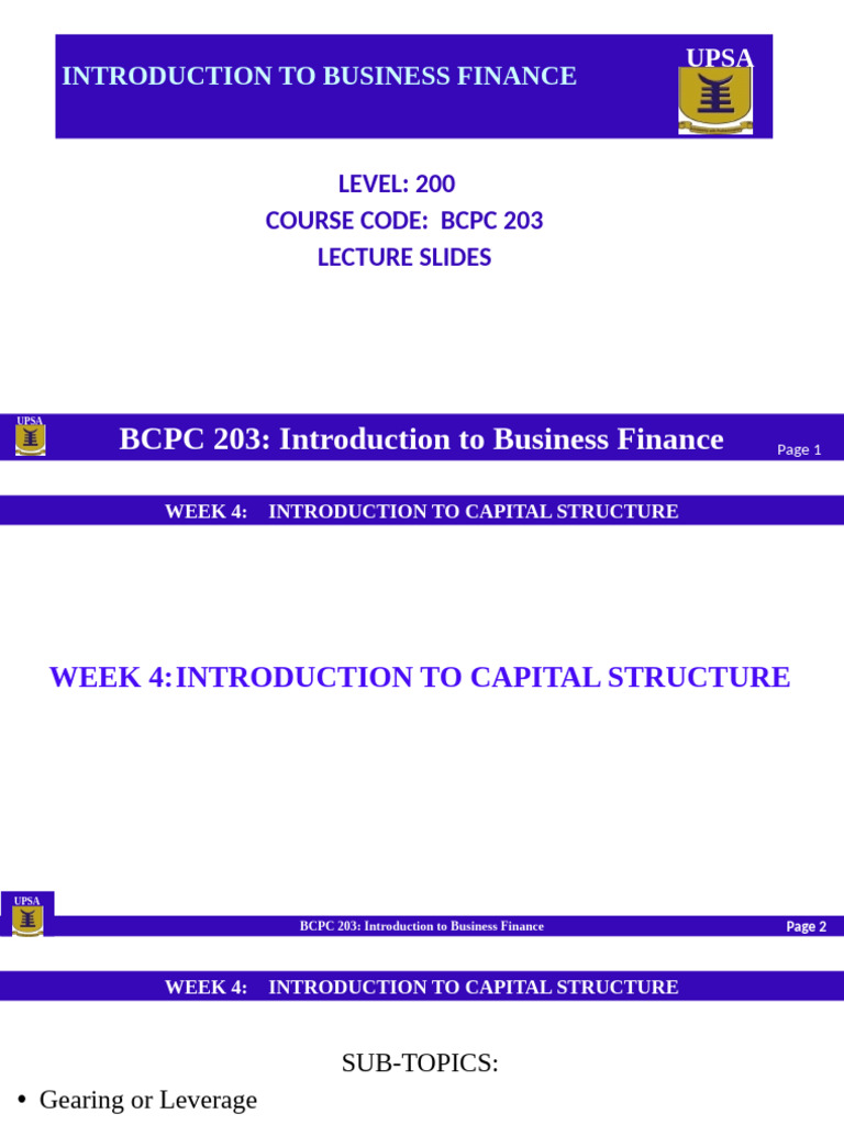 Week 4 - Introduction To Capital Structure | PDF