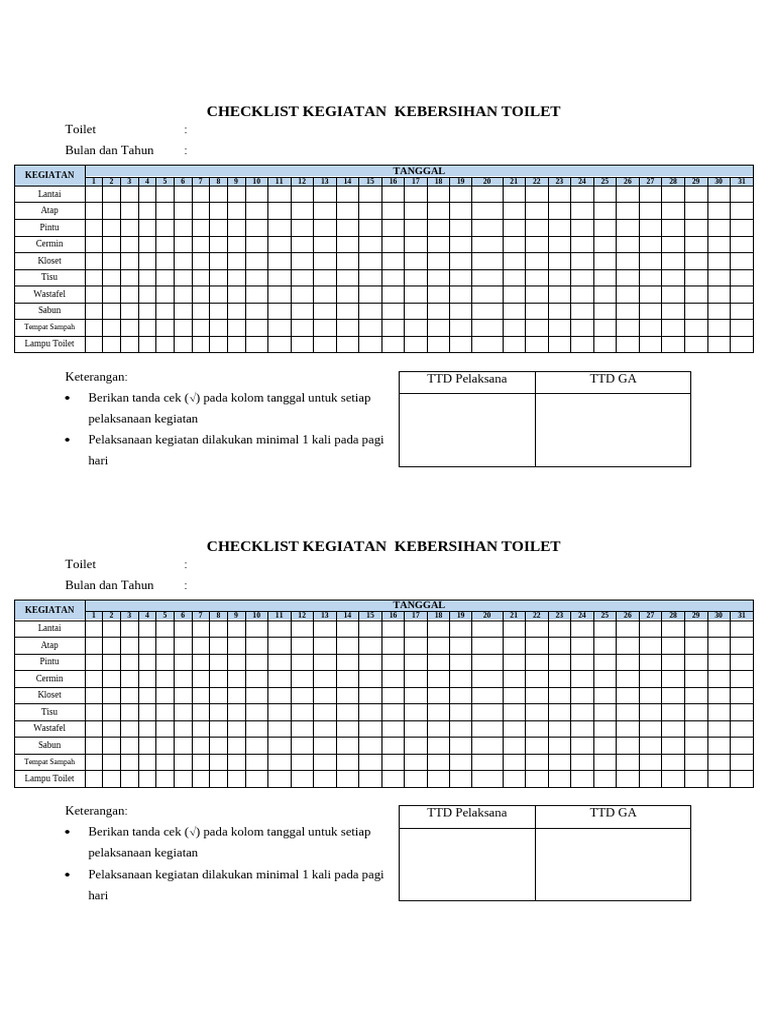 CHECKLIST_KEGIATAN_KEBERSIHAN_TOILET | PDF