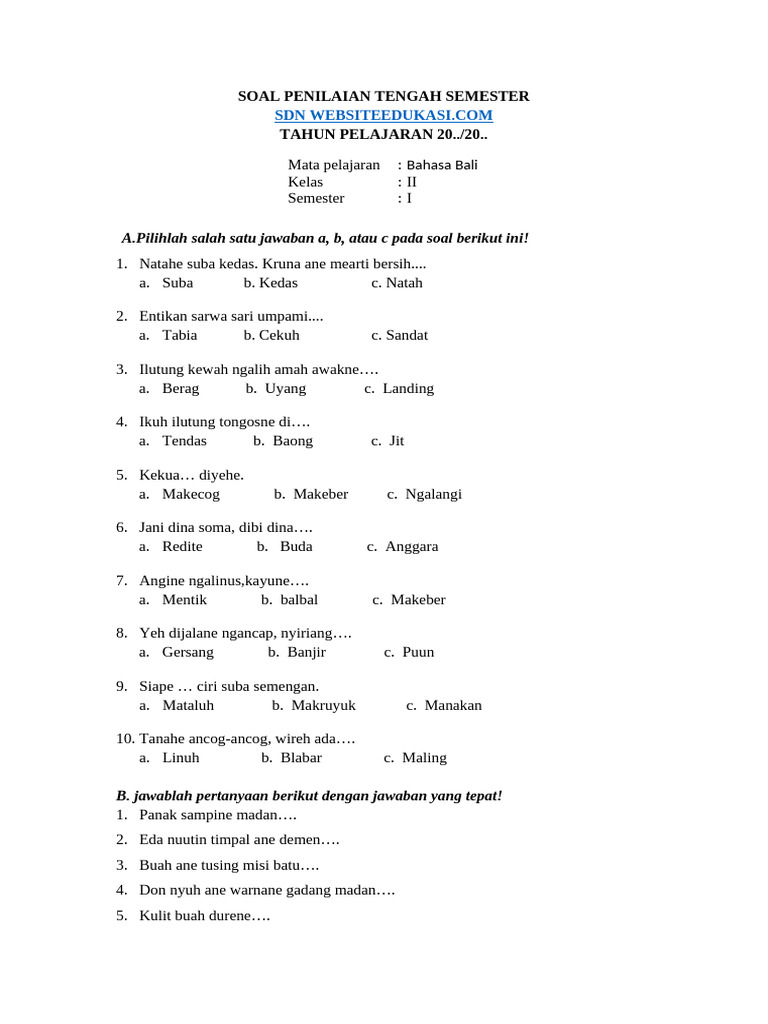 Soal PTS Bahasa Bali Kelas 2 | PDF