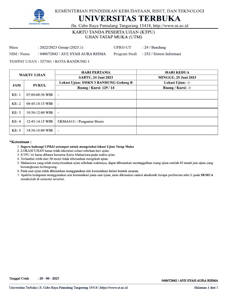 Jadwal UAS, UO, THE Ayesyah Aurarisma | PDF