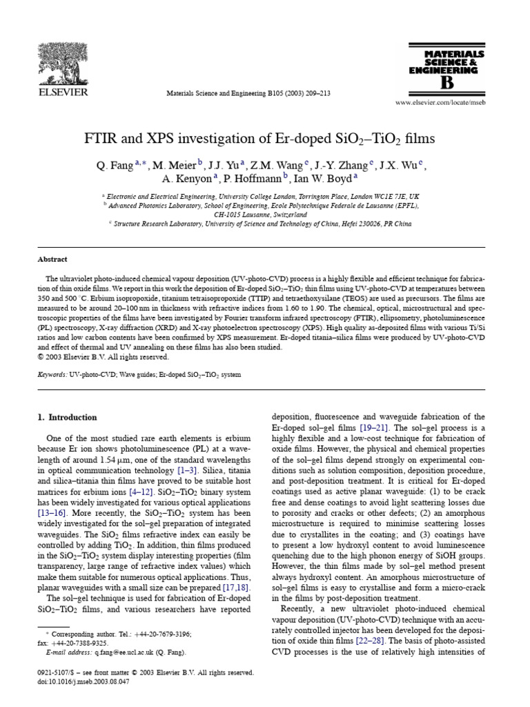 FTIR and XPS Investigation of Er-Doped SiO2-TiO2 Films | PDF